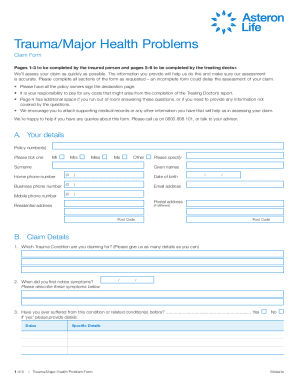 Fillable Online Download our trauma recovery claim form (pdf)Asteron ...
