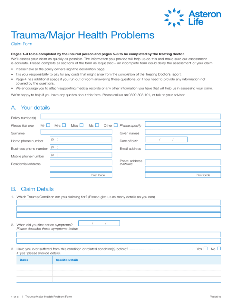 Fillable Online Download our trauma recovery claim form (pdf)Asteron ...