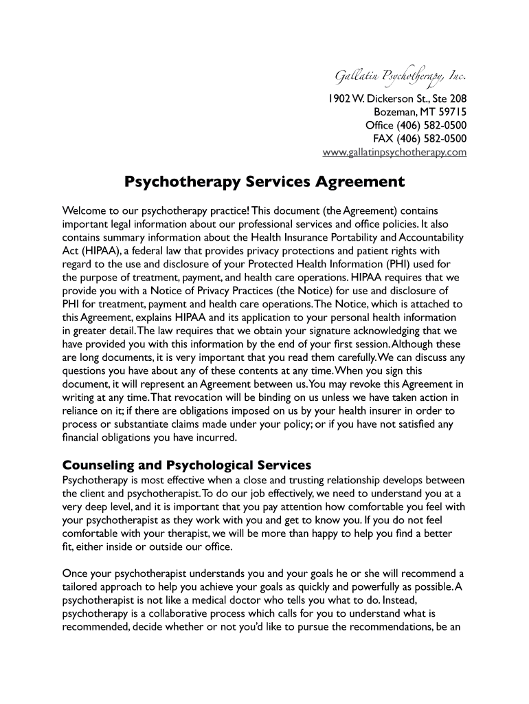 Fillable Online Psychotherapy Service Agreement - Gallatin ...