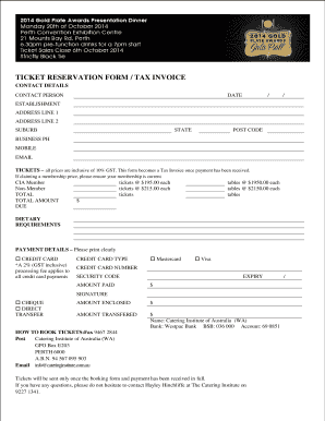 Fillable Online TICKET RESERVATION FORM TAX INVOICE - Gold Plate Awards ...