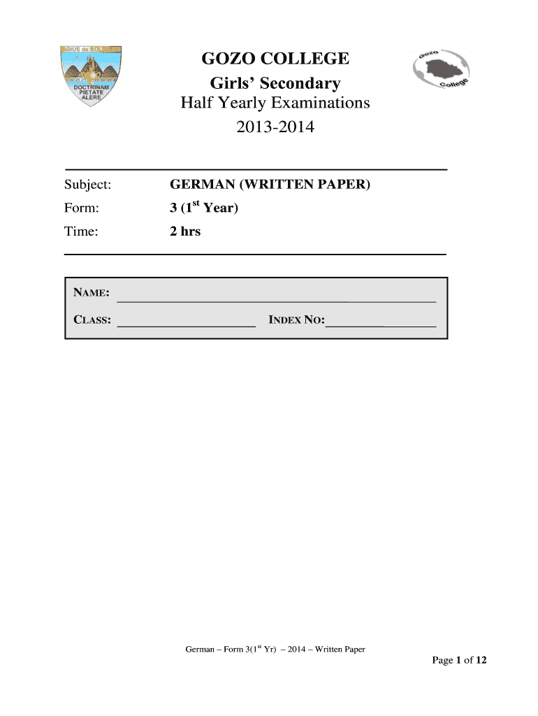 Ausfüllbar Online gcss skola edu GERMAN (WRITTEN PAPER) - gcss skola ...