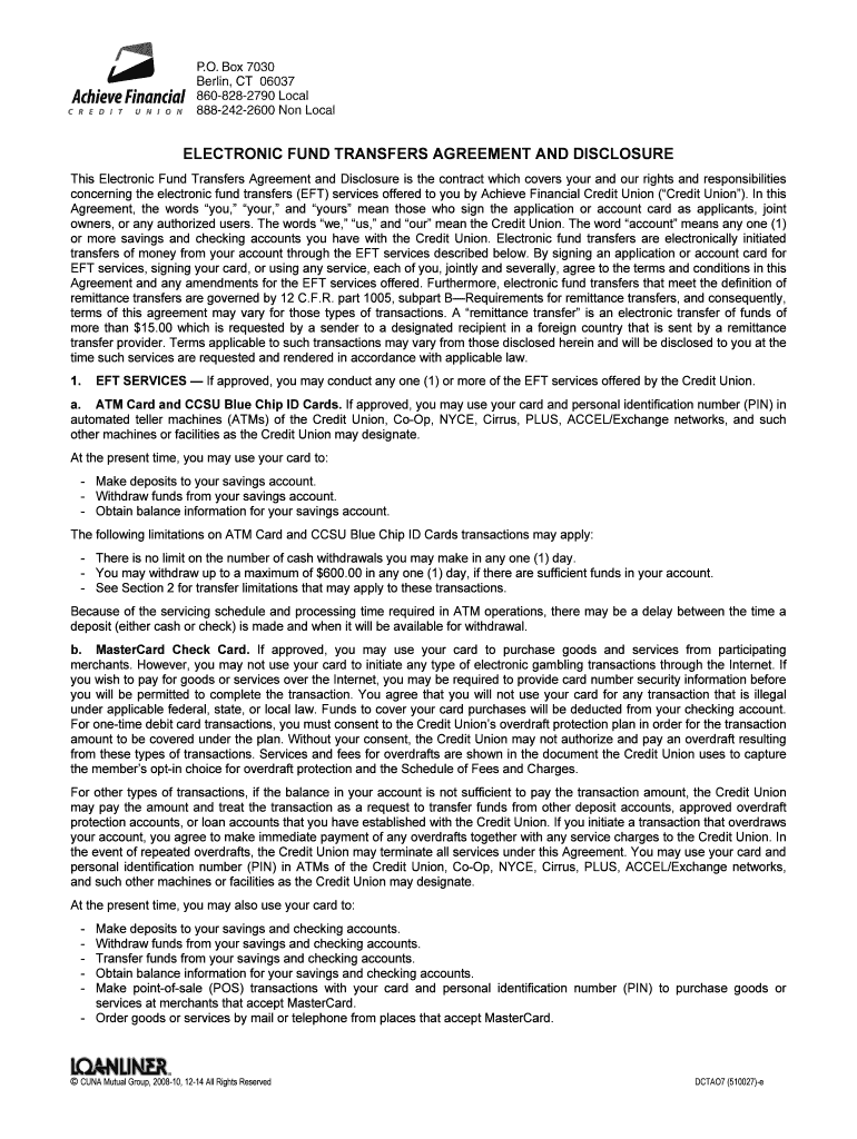 Fillable Online Electronic fund transfers agreement and disclosure ...
