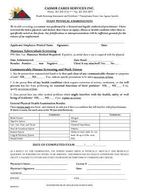 Fillable Online Physical Form 07-2015 - Casmir Care Services Fax Email ...