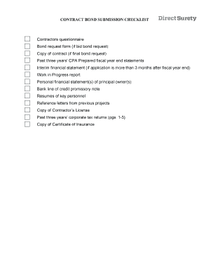 Fillable Online CONTRACT BOND SUBMISSION CHECKLIST - Direct Surety Fax ...