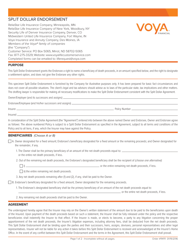 Fillable Online SPLIT DOLLAR ENDORSEMENT - Voya Financial Fax Email ...