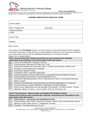 Fillable Online LEARNER ORIENTATION CHECKLIST bFORMb Learner Name NRIC ...