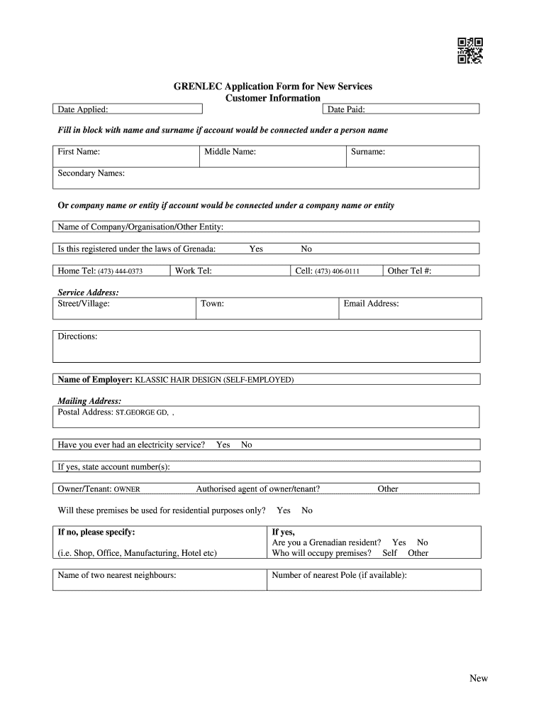 Fillable Online GRENLEC Application Form for New Services Customer Information Date Applied ...