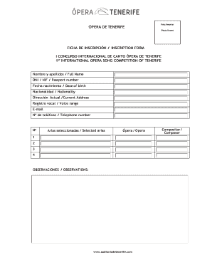 Fillable Online proopera org FICHA DE INSCRIPCIN INSCRIPTION FORM I ...