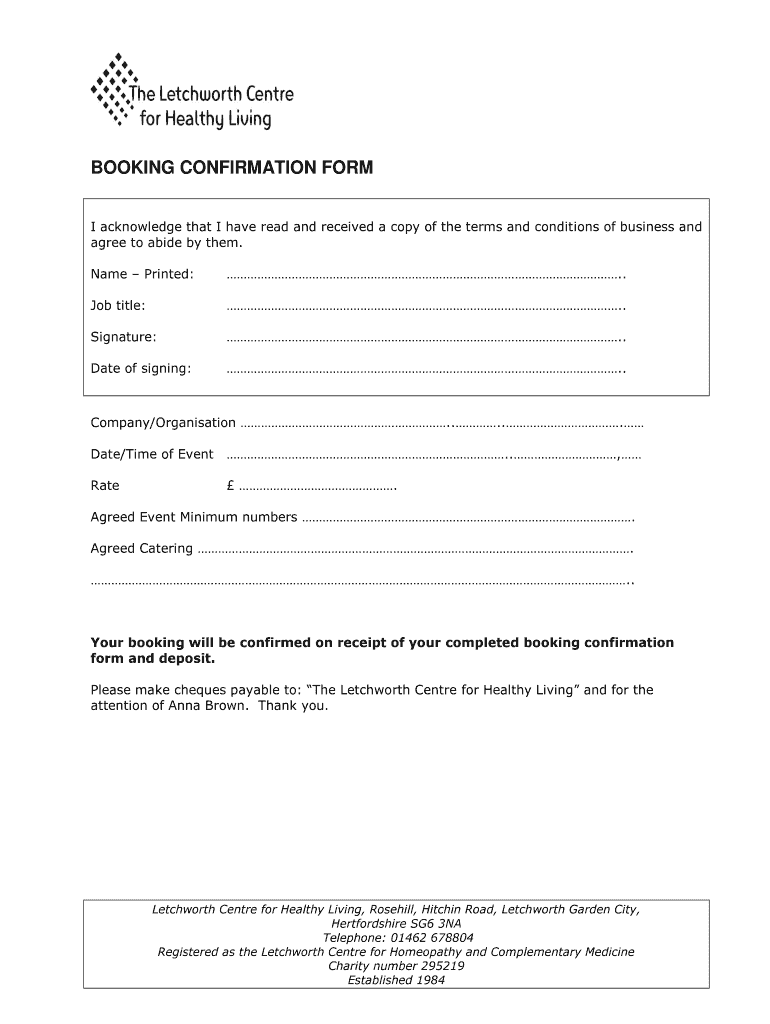 Fillable Online letchworthcentre BOOKING CONFIRMATION FORM - Letchworth ...