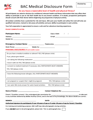 Fillable Online BAC bMedical Disclosure Formb - Belfast Activity Centre ...