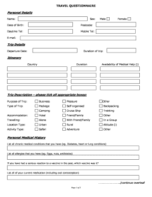 Fillable Online wellingmedicalpractice co TRAVEL QUESTIONNAIRE Personal ...
