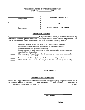 Fillable Online txdmv Motion to dismiss form - bTexasb Department of ...