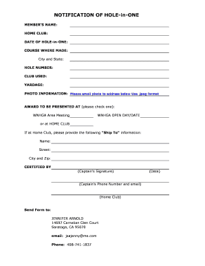 Fillable Online NOTIFICATION OF HOLE-in-ONE - bWNHGAb Fax Email Print ...