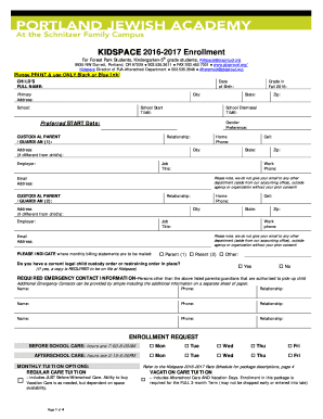 Fillable Online pjaproud KIDSCORNER ENROLLMENT bFORMb - Portland Jewish Academy Fax Email Print ...
