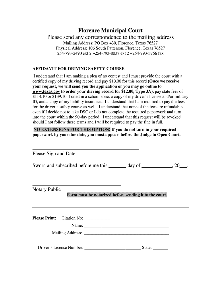 Fillable Online Defensive bDrivingb Course Affidavit Form Fax Email ...