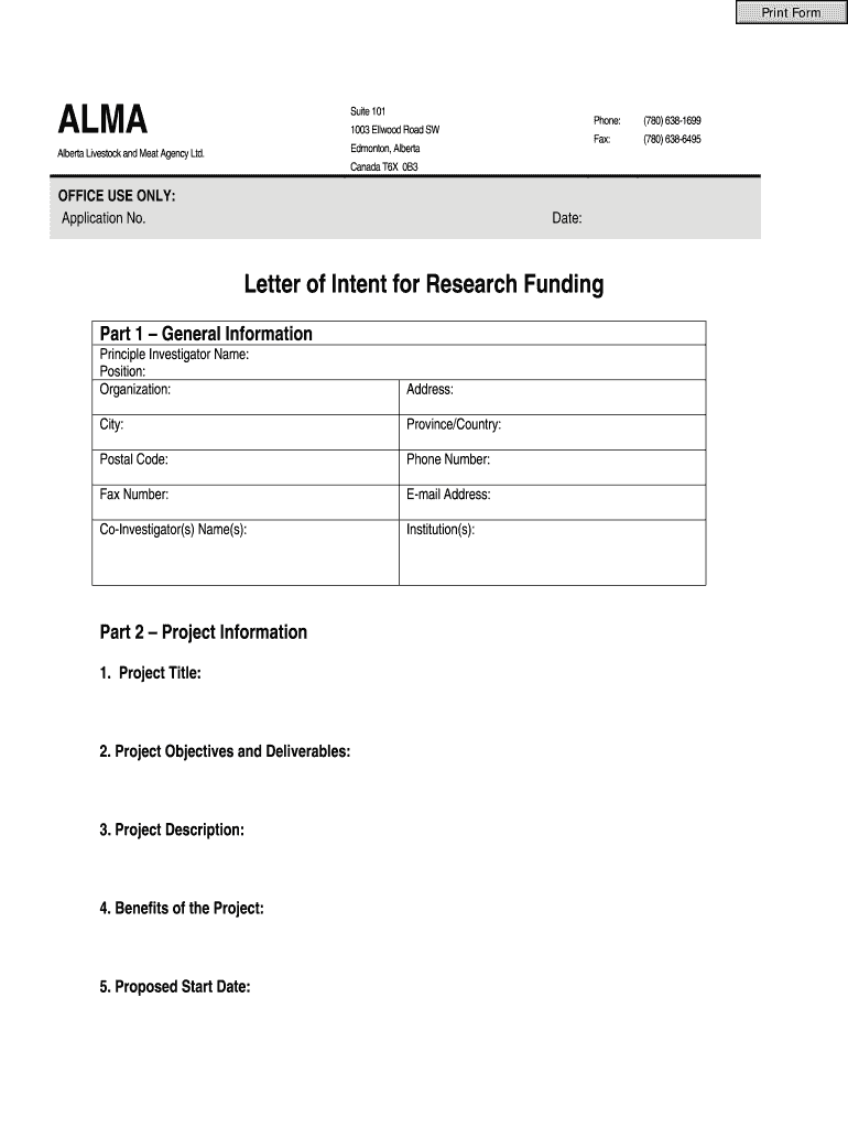 Fillable Online alma alberta Letter of Intent for Research Funding Fax ...