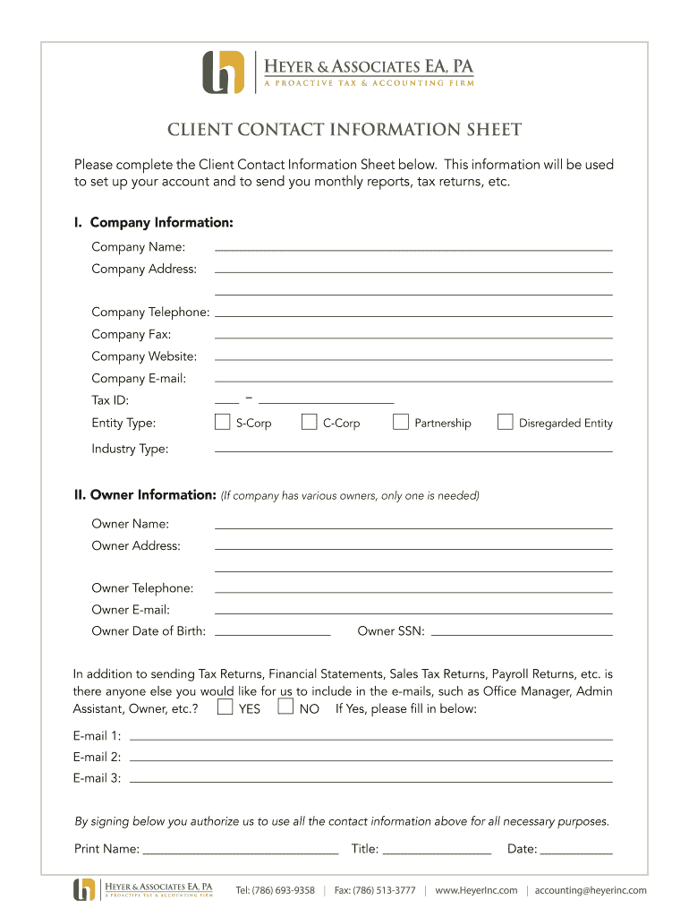 Fillable Online Client Contact Information Sheet - bheyerincbbcomb Fax ...
