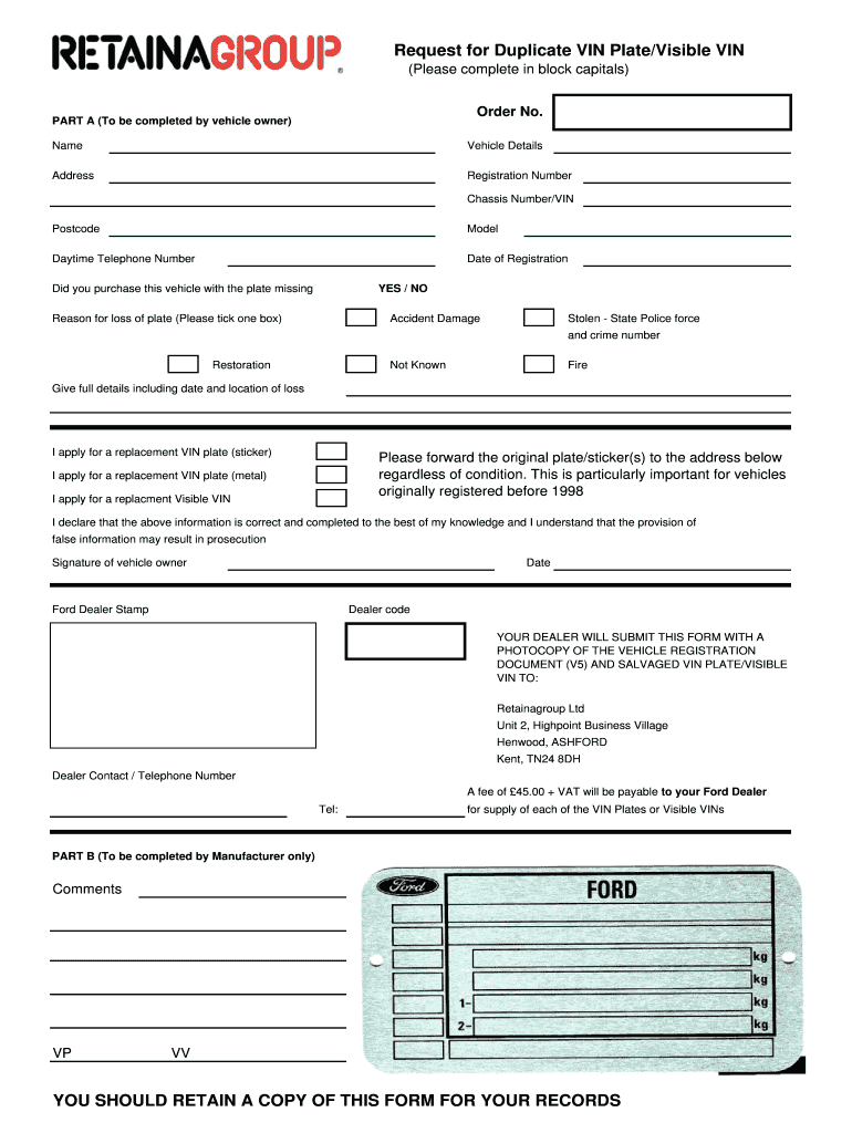 Fillable Online Vin bplateb order - Retainagroup Fax Email Print ...