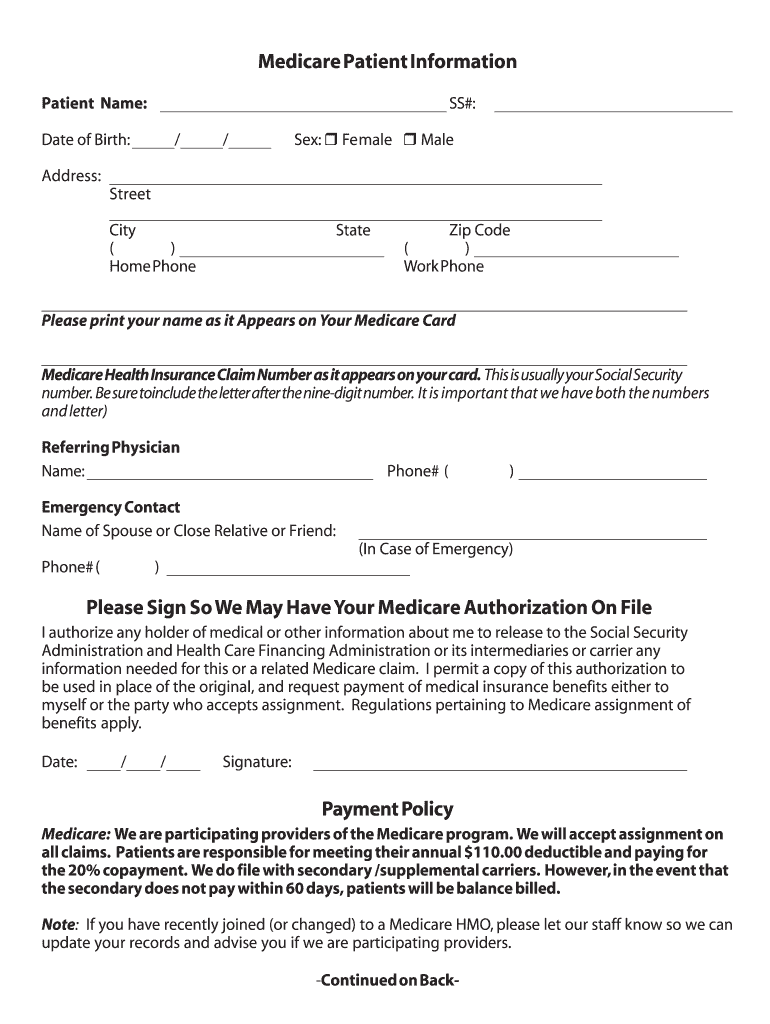 Fillable Online Medicare Patient Information - bhmgdermbbcomb Fax Email Print - pdfFiller