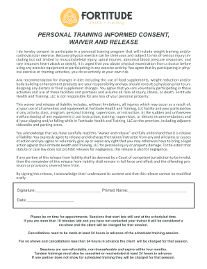 Fillable Online PERSONAL TRAINING INFORMED CONSENT WAIVER AND RELEASE ...