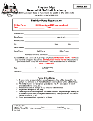 Fillable Online Birthday Party Registration - bplayersedgebsabbcomb Fax ...