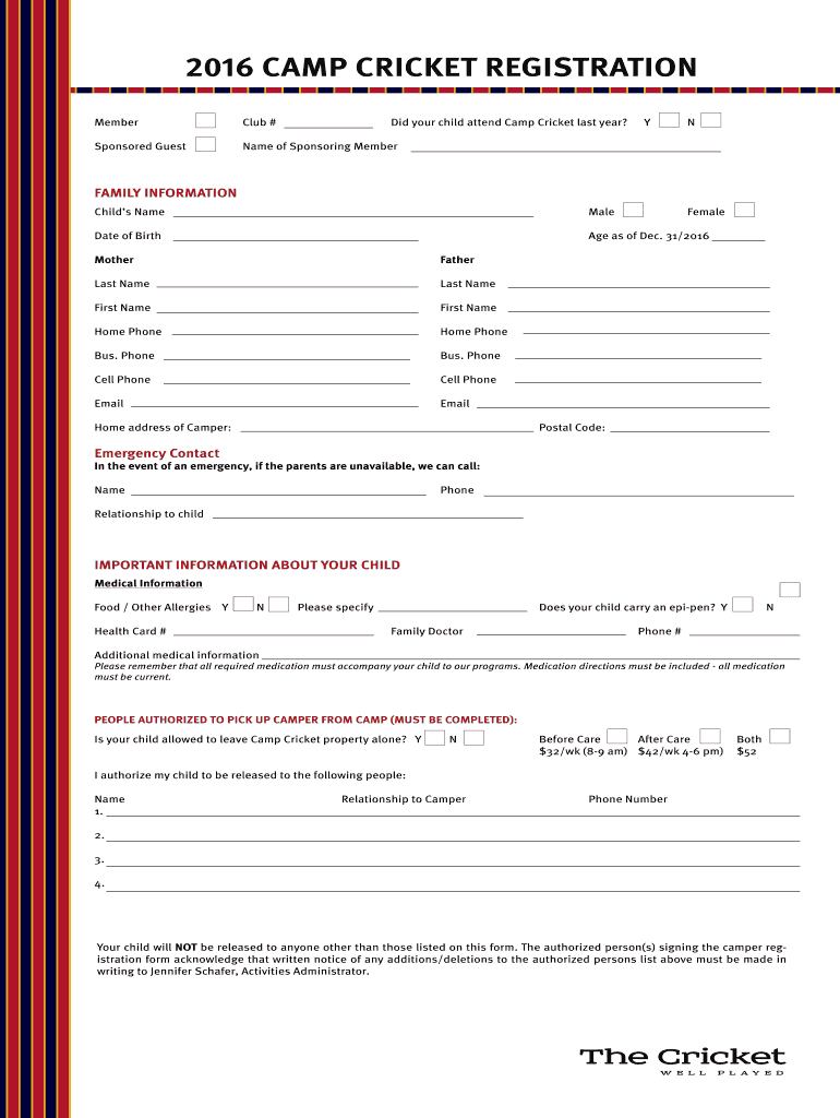 Fillable Online 2016 CAMP CRICKET REgIsTRATIon ...
