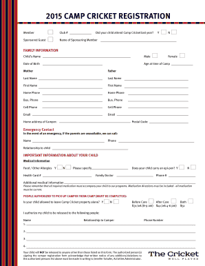 Fillable Online 2015 CAMP CRICKET REgIsTRATIon - Cricket Club Home Fax ...