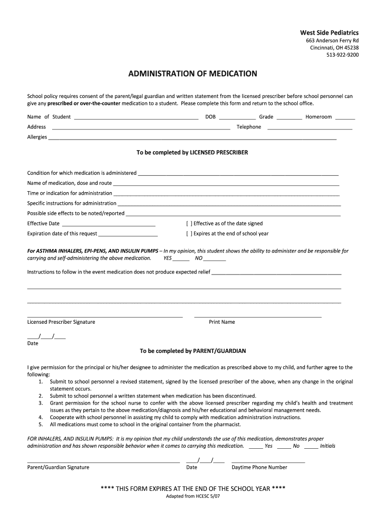 Fillable Online School Medication Administration form Fax Email Print ...
