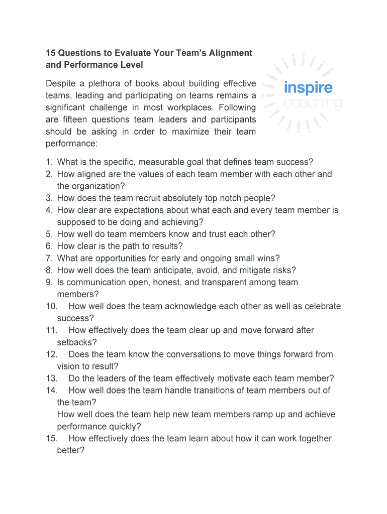 Fillable Online 15 Questions to Evaluate Your Teams Alignment Fax Email ...
