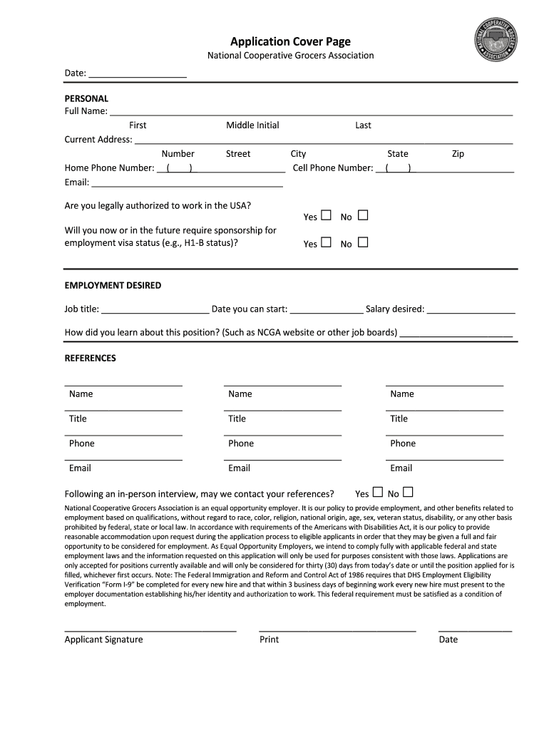 Fillable Online Application Cover Page - National Coop Grocers Fax ...