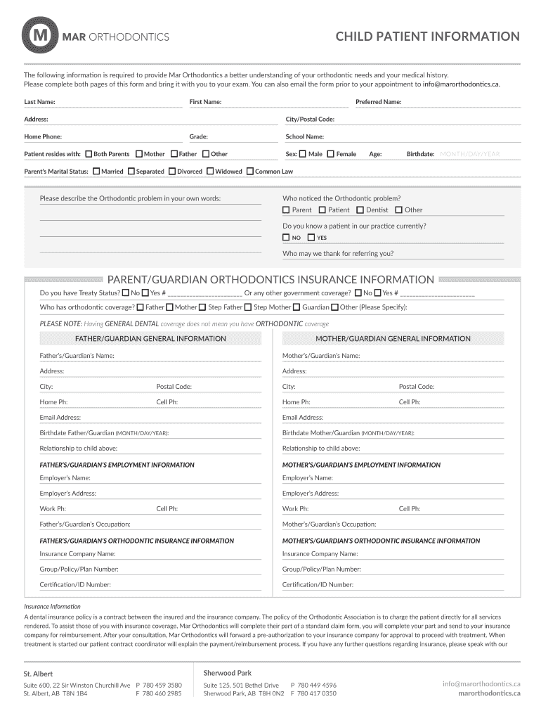 Fillable Online marorthodontics CHILD PATIENT INFORMATION - Mar ...