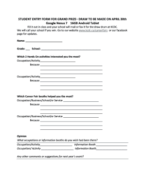 Fillable Online kcdc STUDENT ENTRY FORM FOR GRAND PRIZE DRAW TO BE MADE ...