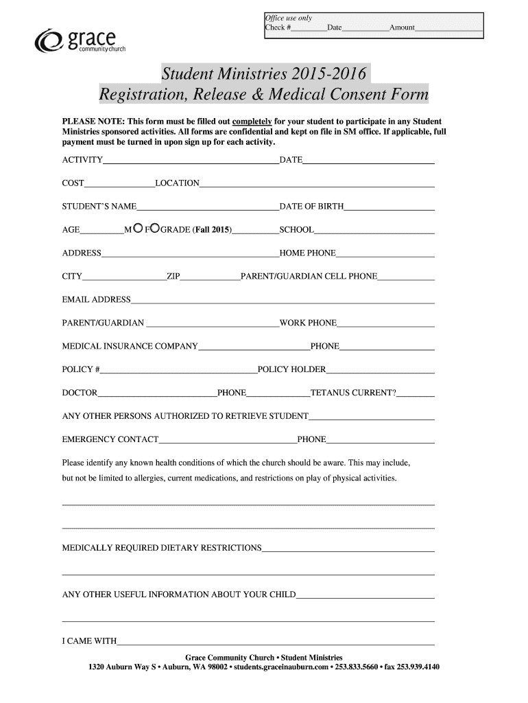 Fillable Online Student Ministries 2015-2016 Registration Release Fax Email Print - pdfFiller