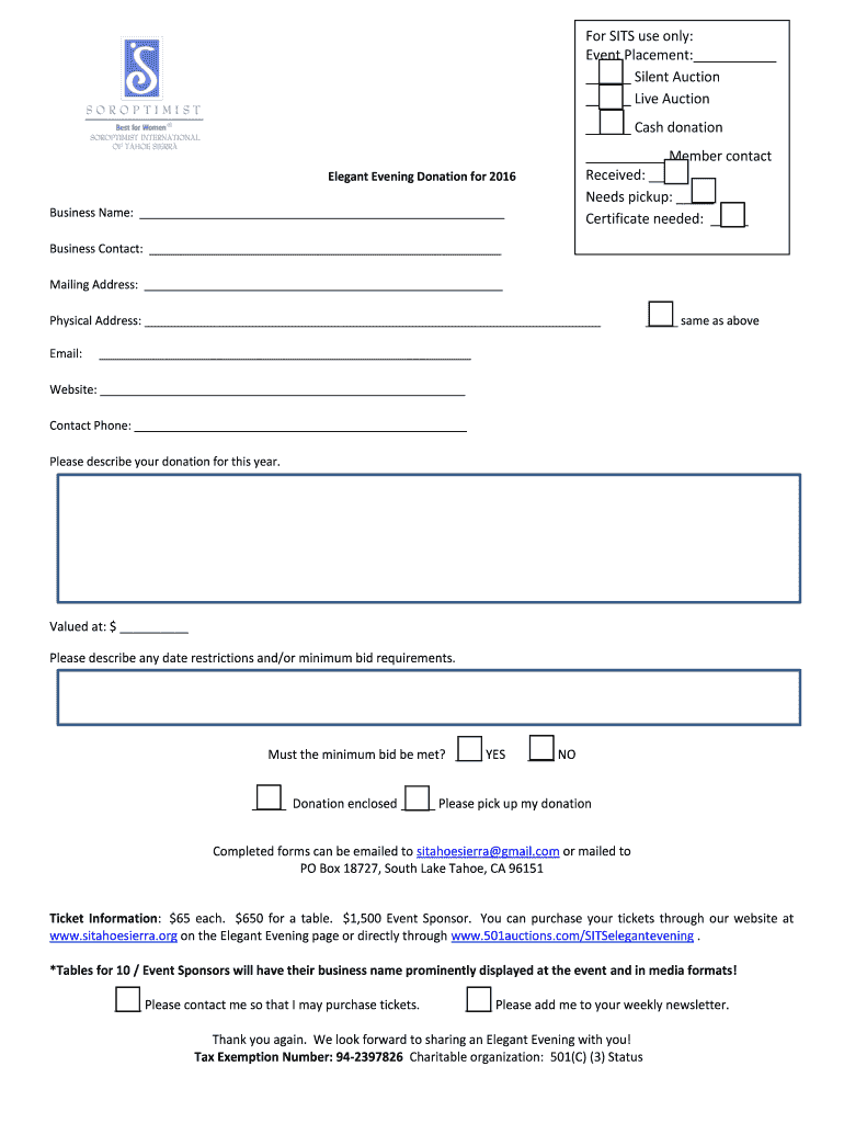 Fillable Online sitahoesierra 2016 Elegant Evening Donation Letter ...