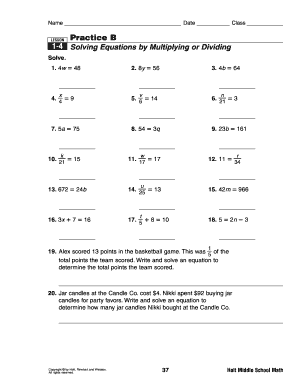 Fillable Online LESSON Practice B Solving Equations by Multiplying or ...