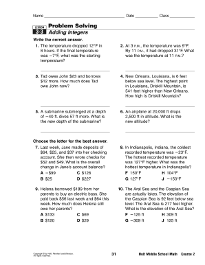 Fillable Online LESSON Problem Solving Adding Integers - Wikispaces Fax ...