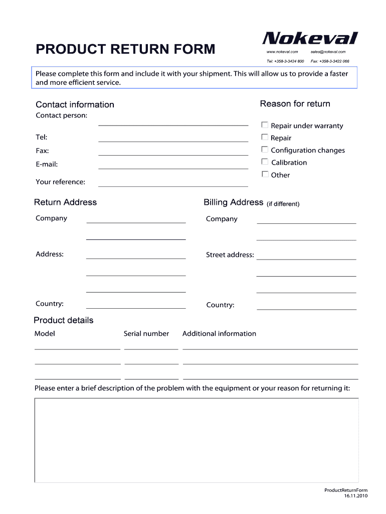 Fillable Online PRODUCT RETURN FORM - Nokeval Oy Fax Email Print ...
