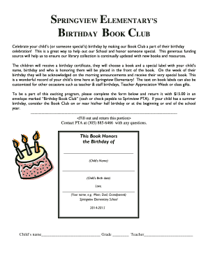 Fillable Online svelem dadeschools Birthday Book Club - Miami-Dade ...