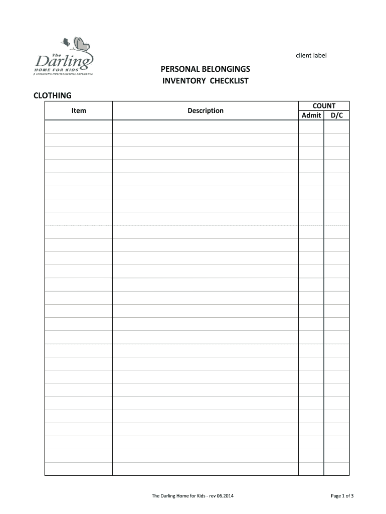 Fillable Online darlinghomeforkids Clothing personal belongings ...