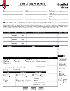 Fillable Online GEMINI INCORPORATED Fabricated Metal Order Form Fax ...