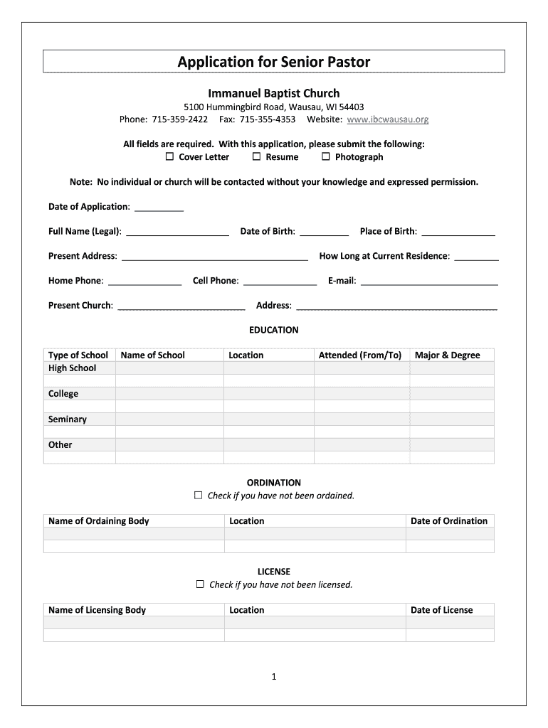 Fillable Online ibcwausau Application for Senior Pastor - Immanuel ...