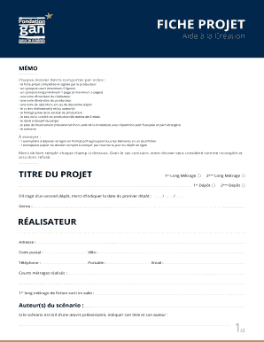 Fillable Online FICHE PROJET - bFondationb bGanb pour le cinma Fax ...