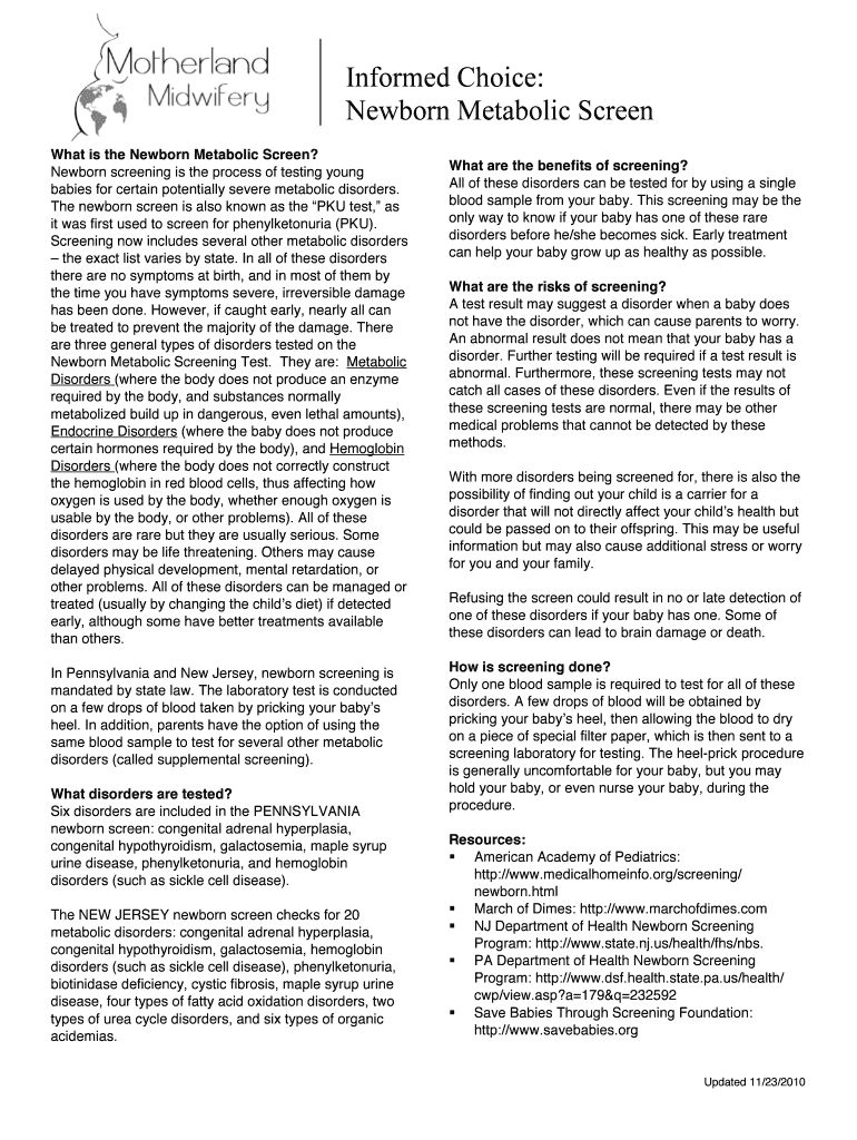 Fillable Online Informed Choice Newborn Metabolic Screen Fax Email ...