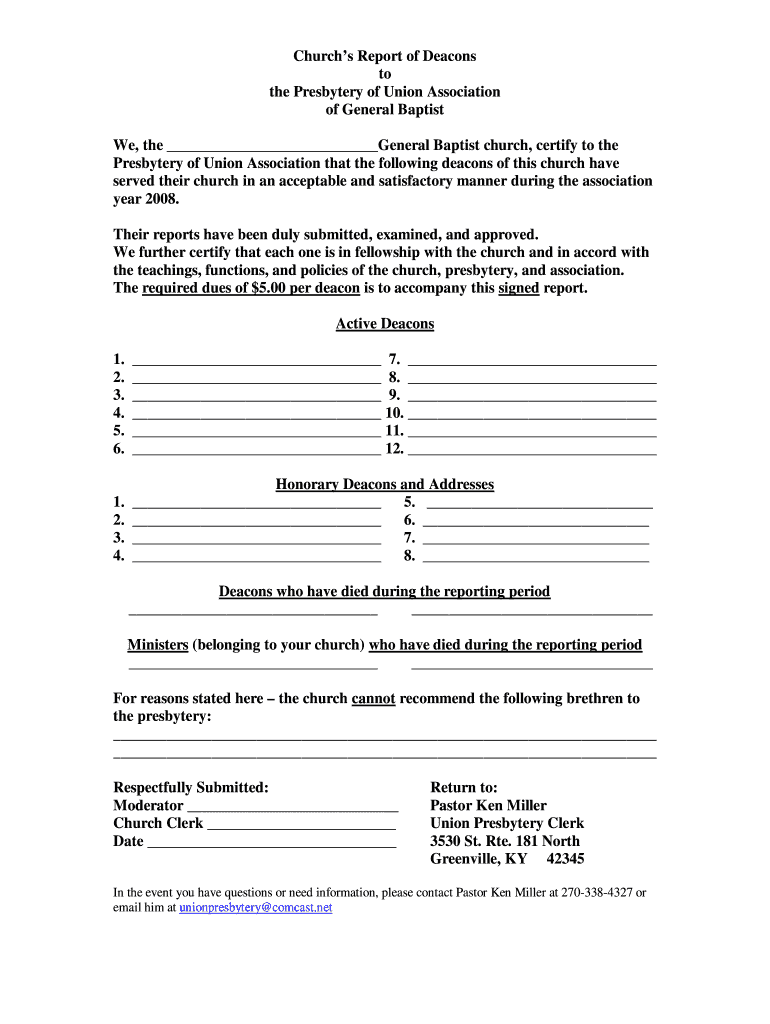 Fillable Online uagb Churchs Report of Deacons - buagbbborgb Fax Email ...