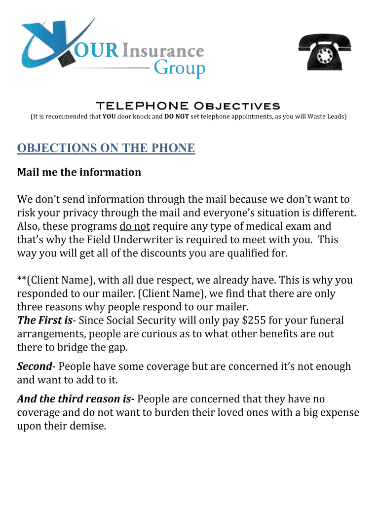 Fillable Online OBJECTIONS ON THE PHONE Mail me the information Fax ...