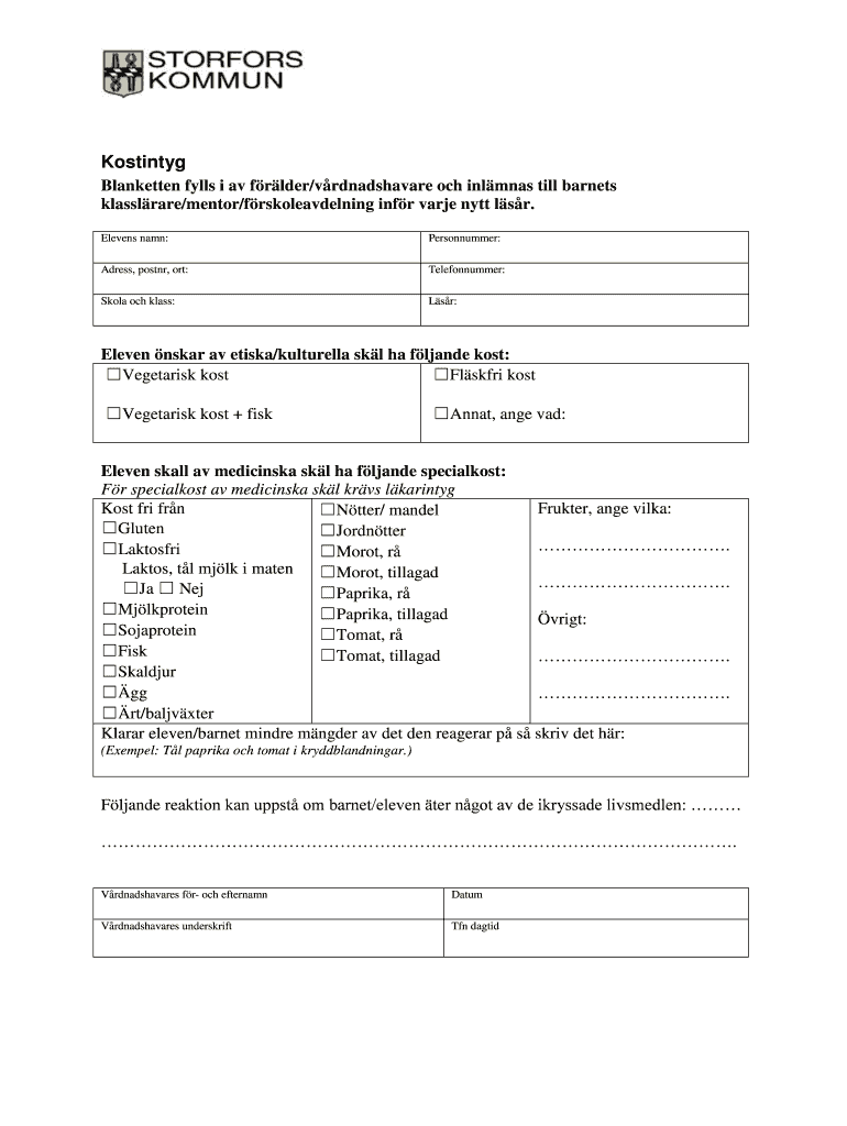 Fillable Online e-tjanster storfors Kostintyg - E-tj nster och blanketter Fax Email Print ...