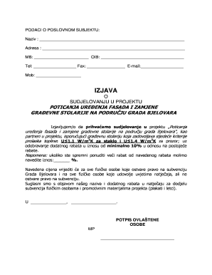 Fillable Online bjelovar Izjava za proizvoae stolarije o sudjelovanju u ...