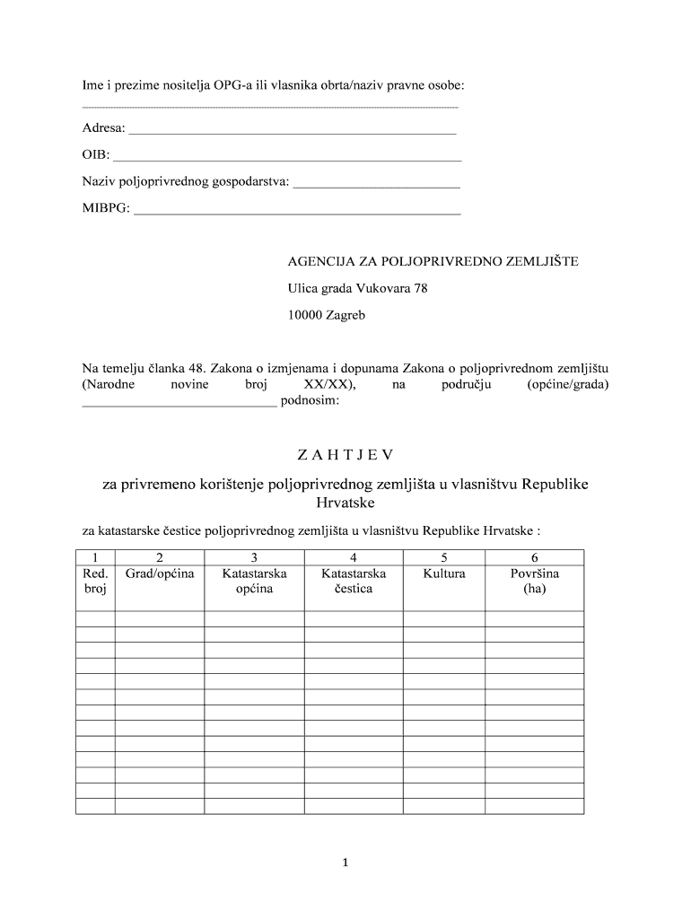 Fillable Online bjelovar Zahtjev za privremeno koritenje poljoprivrednog zemljita u vlasnitvu ...