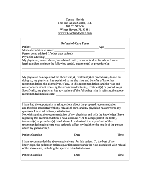 Fillable Online Refusal of Care Form - Foot and Ankle Dr Fax Email ...