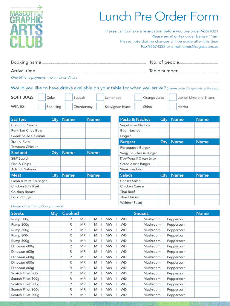 Fillable Online Lunch Pre Order Form - bSSGACb Fax Email Print - pdfFiller